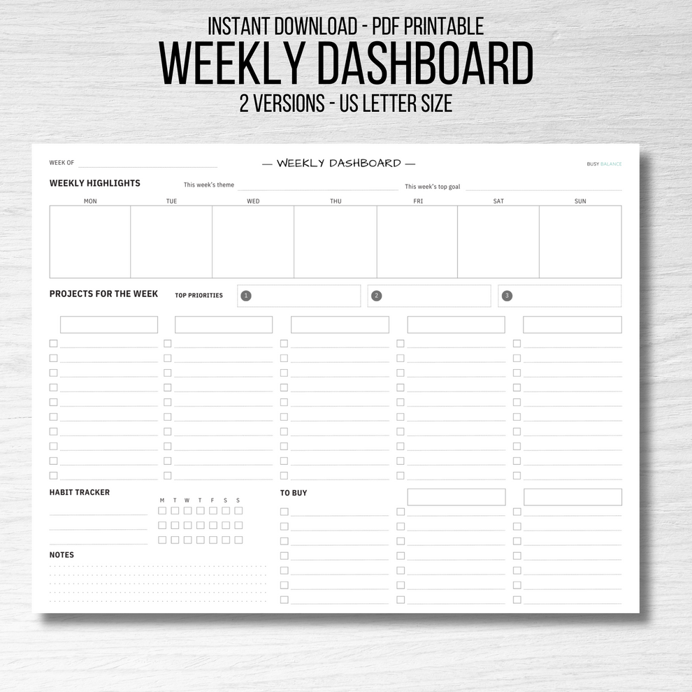 Weekly Dashboard Planner PDF (Digital Download) – Busy Balance