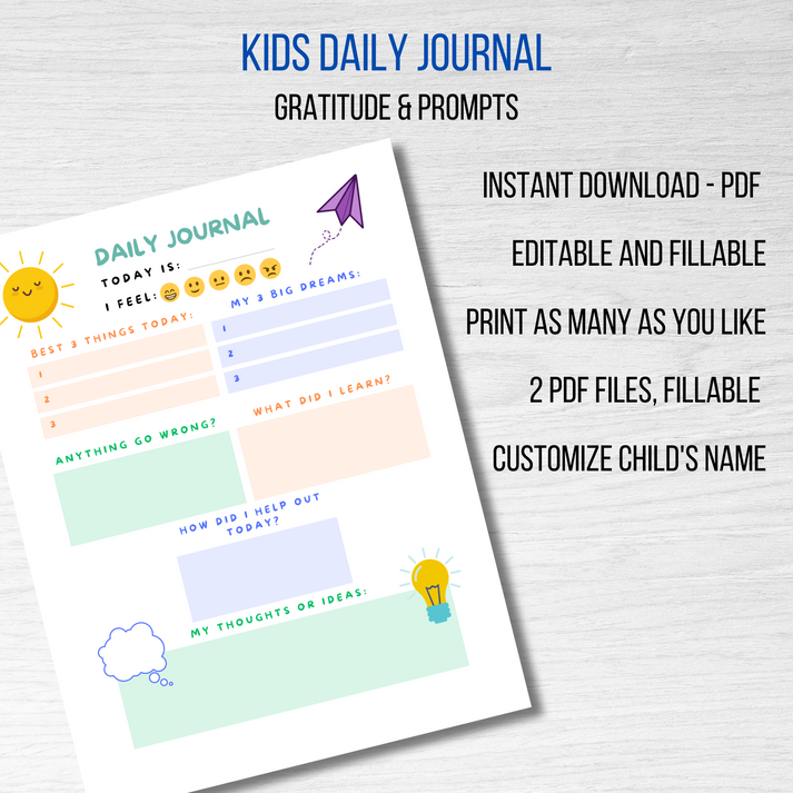 Daily Journal - Gratitude Kids Daily Journal Printable and Editable PD ...