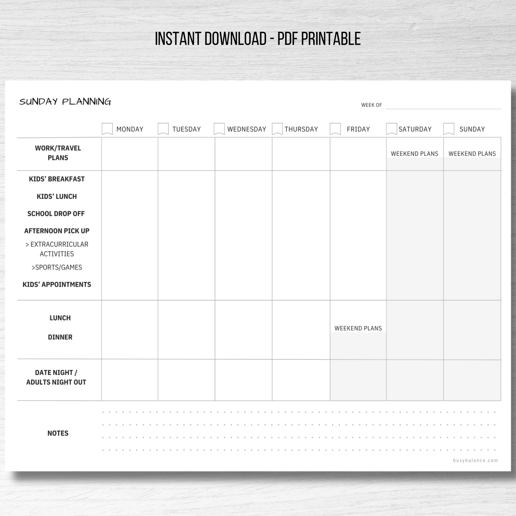 Sunday Planning Guide PDF (Digital Download) – Busy Balance
